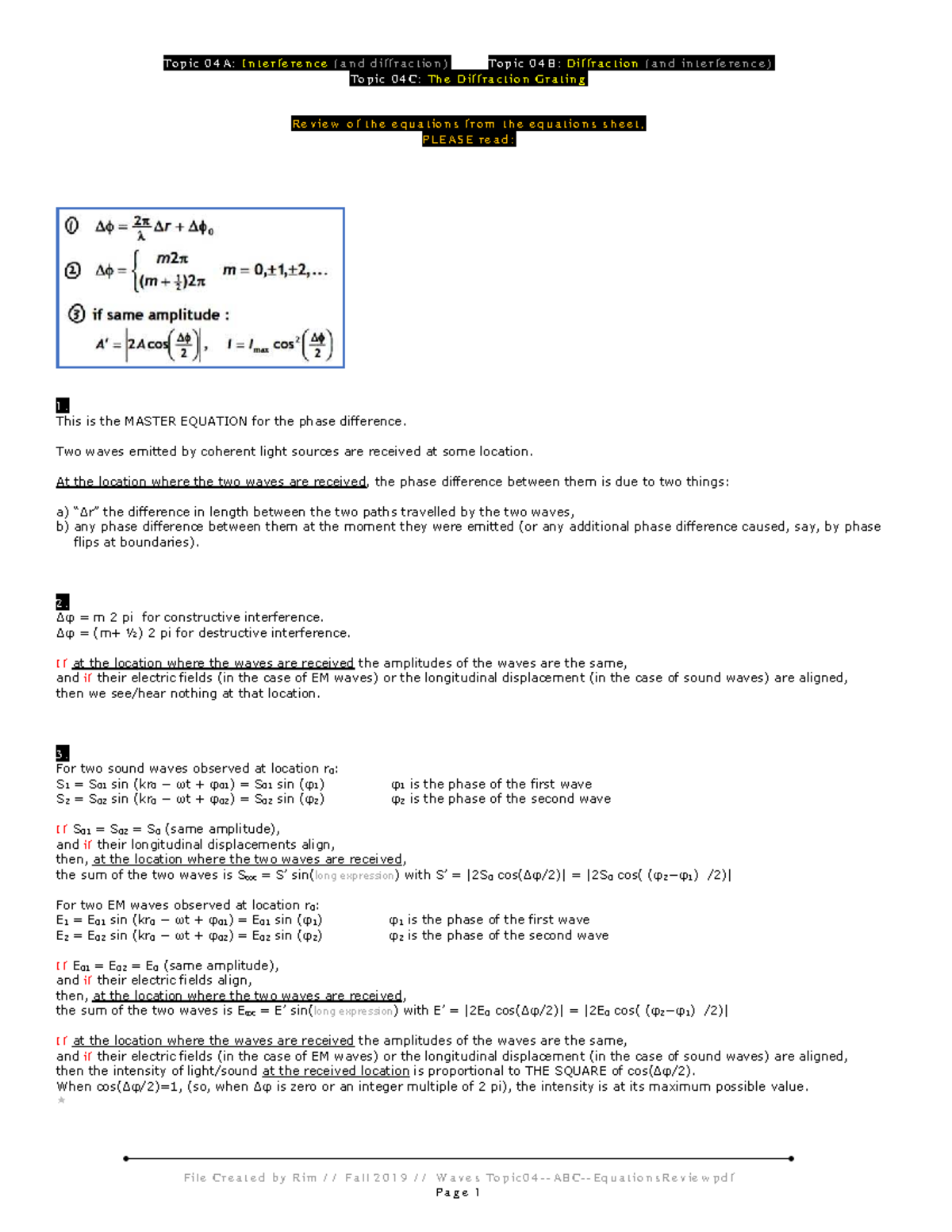 Topic 04: Interference & Diffraction Equations Review - Studocu