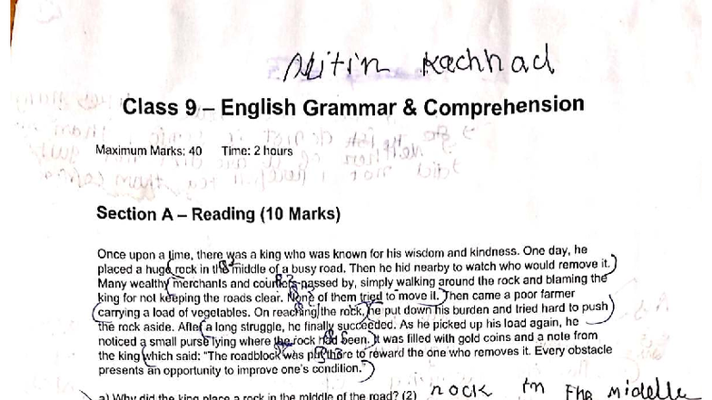 Class 9 English Grammar Comprehension & Exercises (Max Marks: 40) - Studocu
