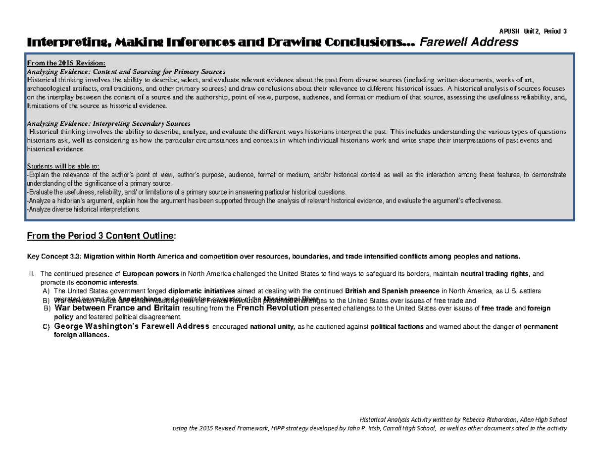 APUSH Unit 2: Analyzing George Washington's Farewell Address - Studocu