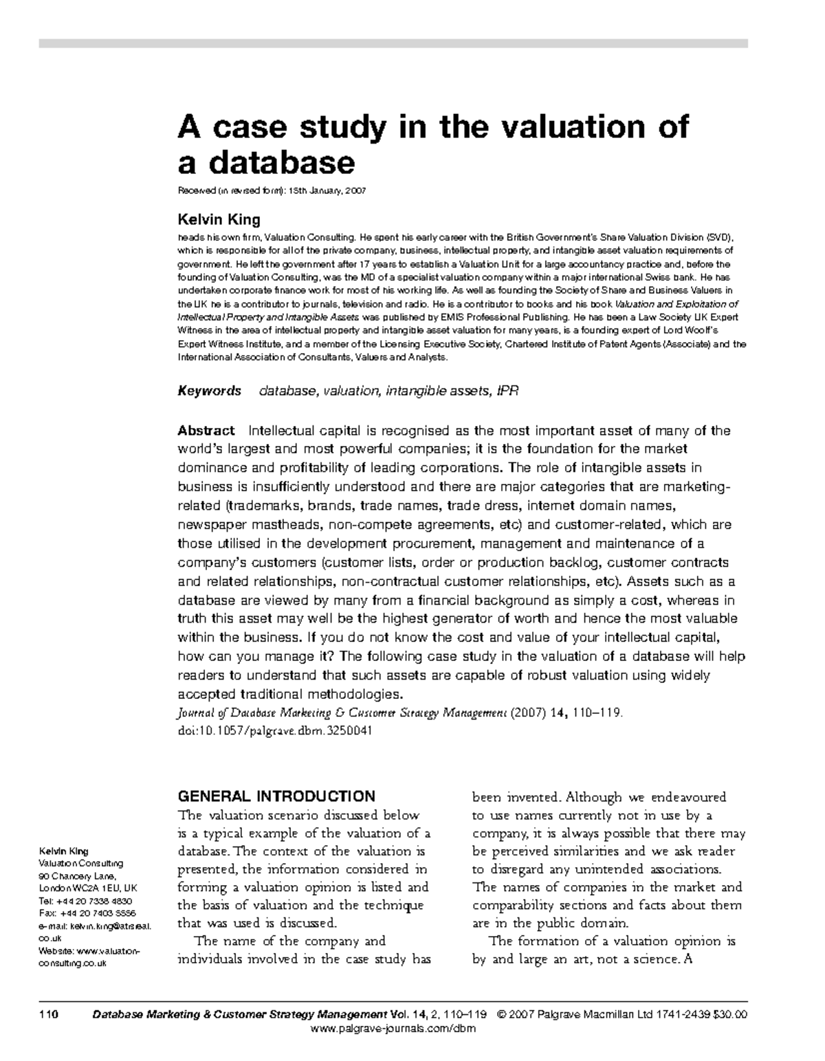 Valuation of a Database: A Case Study (Course Code: 03) - Studocu