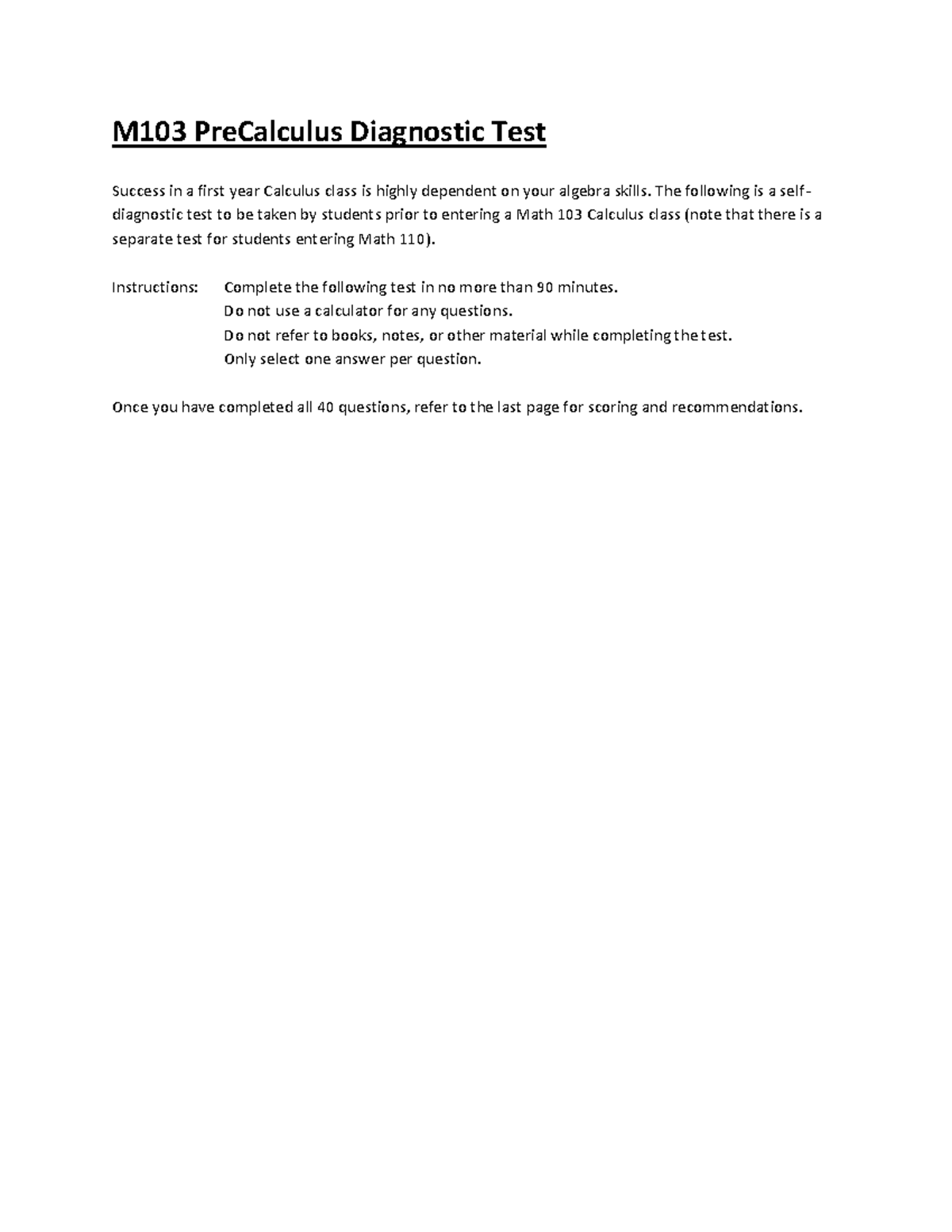 M103 PreCalculus Diagnostic Test: Self-Assessment for Success - Studocu
