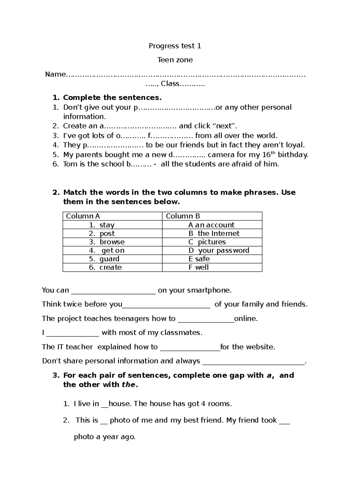 Progress Test 1: Teen Zone 1 - Sentence Completion & Exercises - Studocu