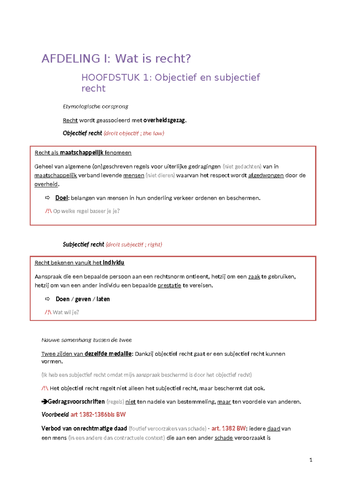 AFDELING I: Wat is recht? HOOFDSTUK 1 & 2 - Objectief en Subjectief ...