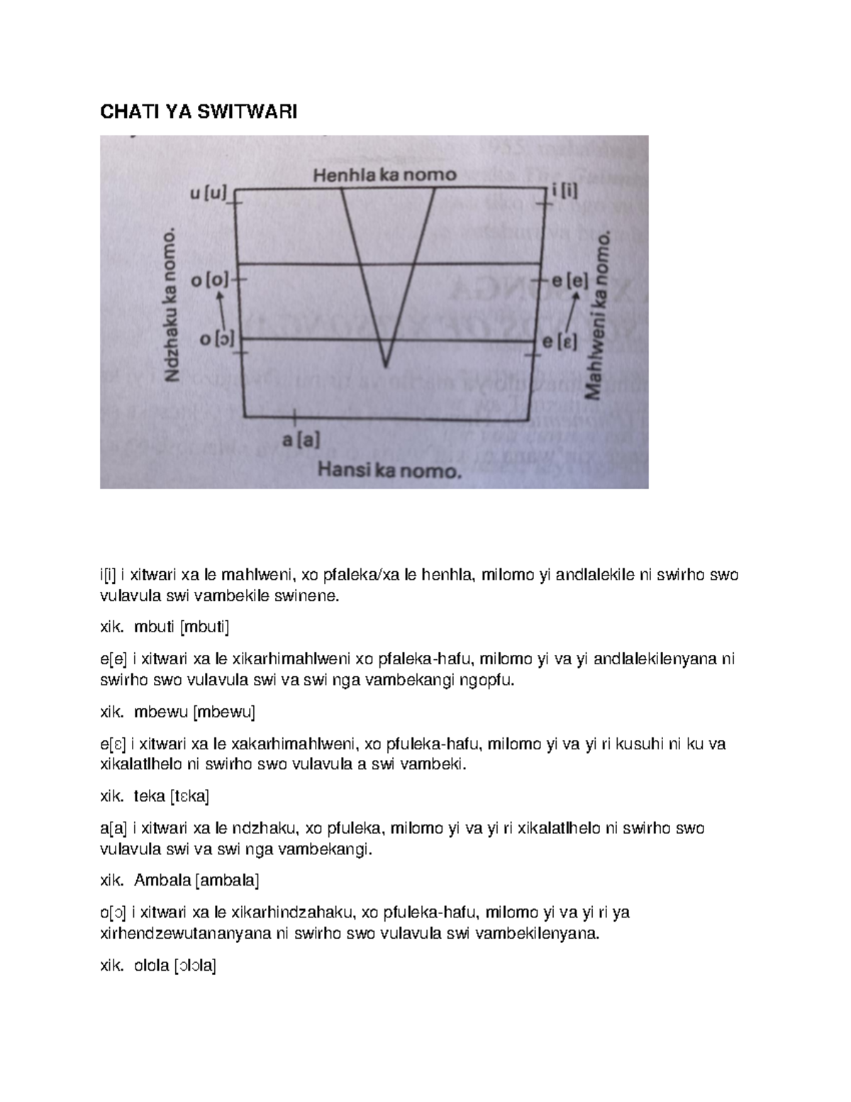 Chati ya Switwari: Nkhombo ya Xitwari na swirho swi vulavulaka - Studocu