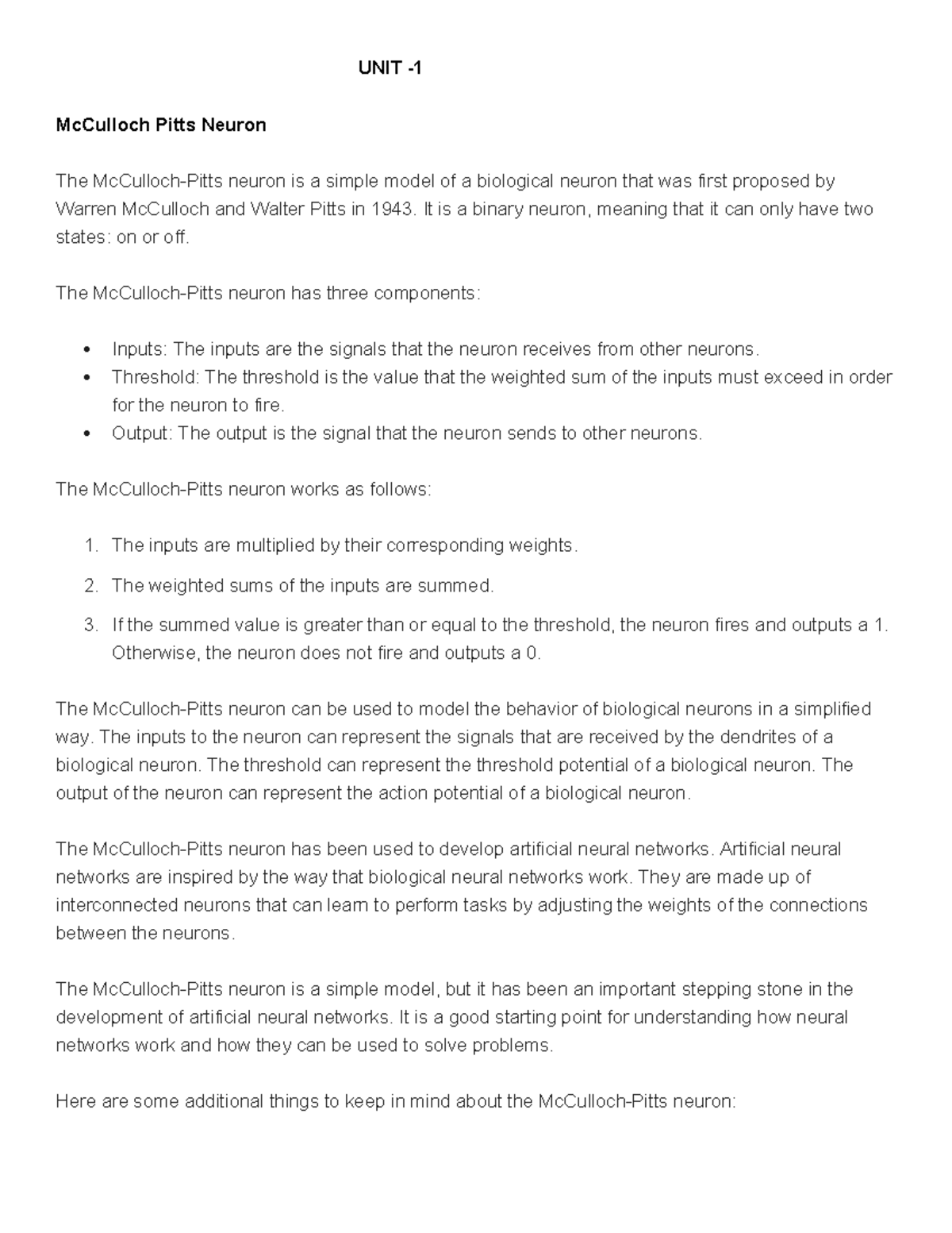 Deep Learning Concepts: McCulloch-Pitts Neuron and MLPs Notes - Studocu