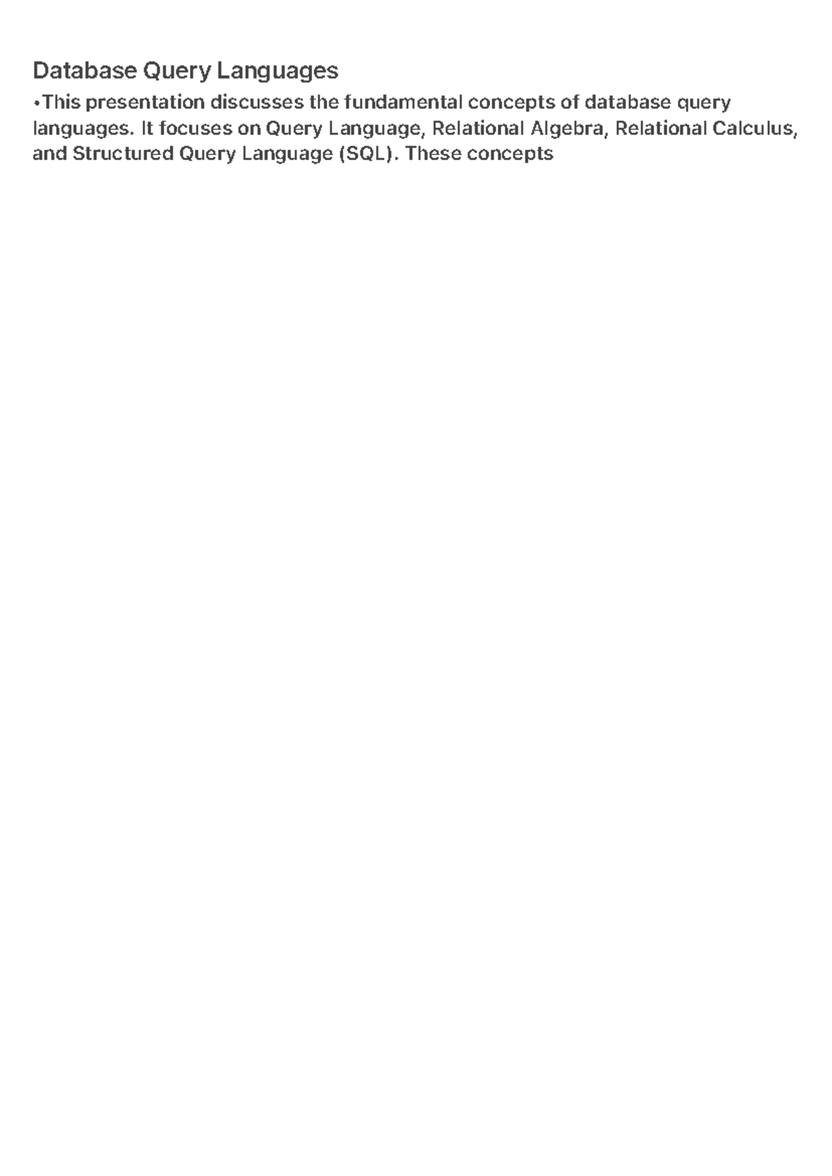 Database Query Languages: Concepts of Algebra, Calculus, and SQL - Studocu