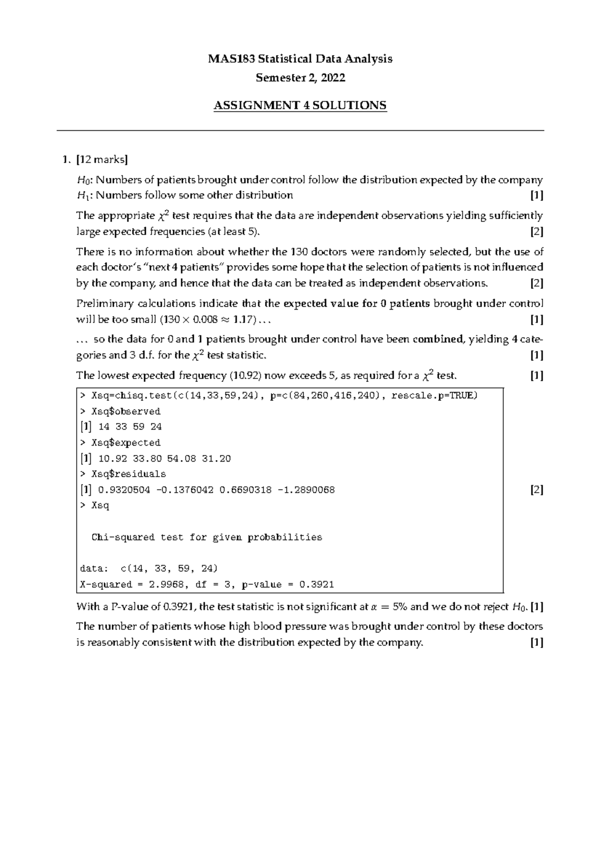 MAS183 Ass4 2022 Solns - EASY AS - MAS183 Statistical Data Analysis ...