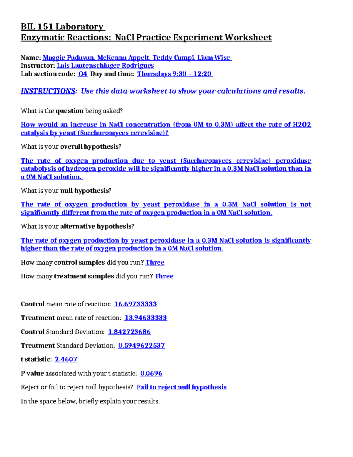 BIL 151 Lab: NaCl Experiment Worksheet for Enzymatic Reactions - Studocu