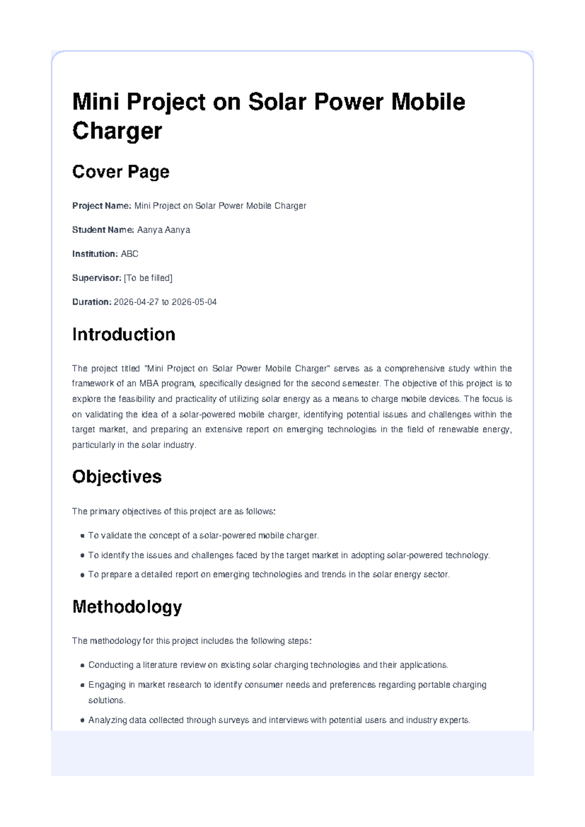 MBA 2nd Sem Mini Project: Solar Power Mobile Charger Report - Studocu