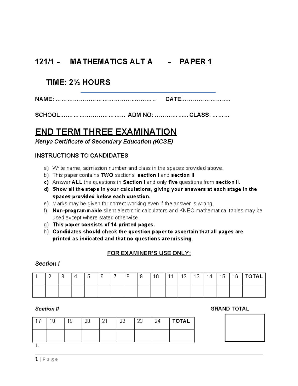 MATH PP1 FINAL EXAM TERM 3 2021 KCSE PAPER 1 - Studocu