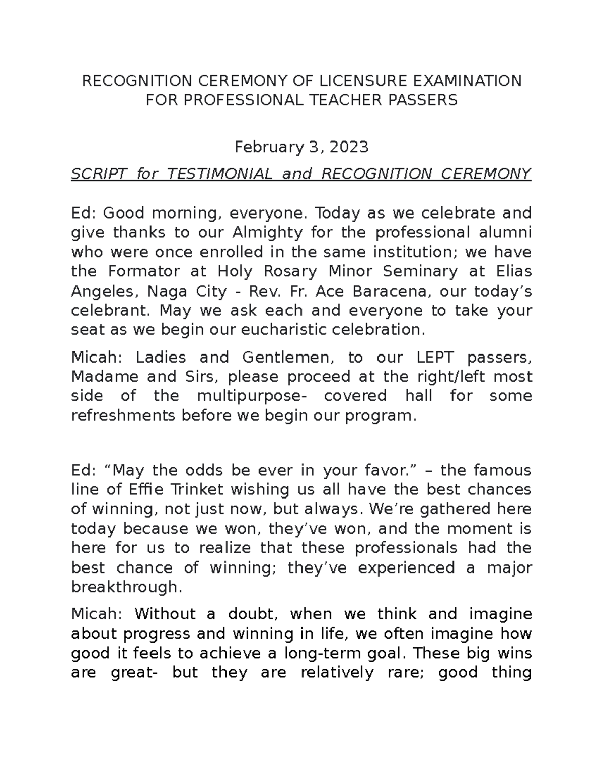 Emcee Script Recognition LPTs - RECOGNITION CEREMONY OF LICENSURE ...
