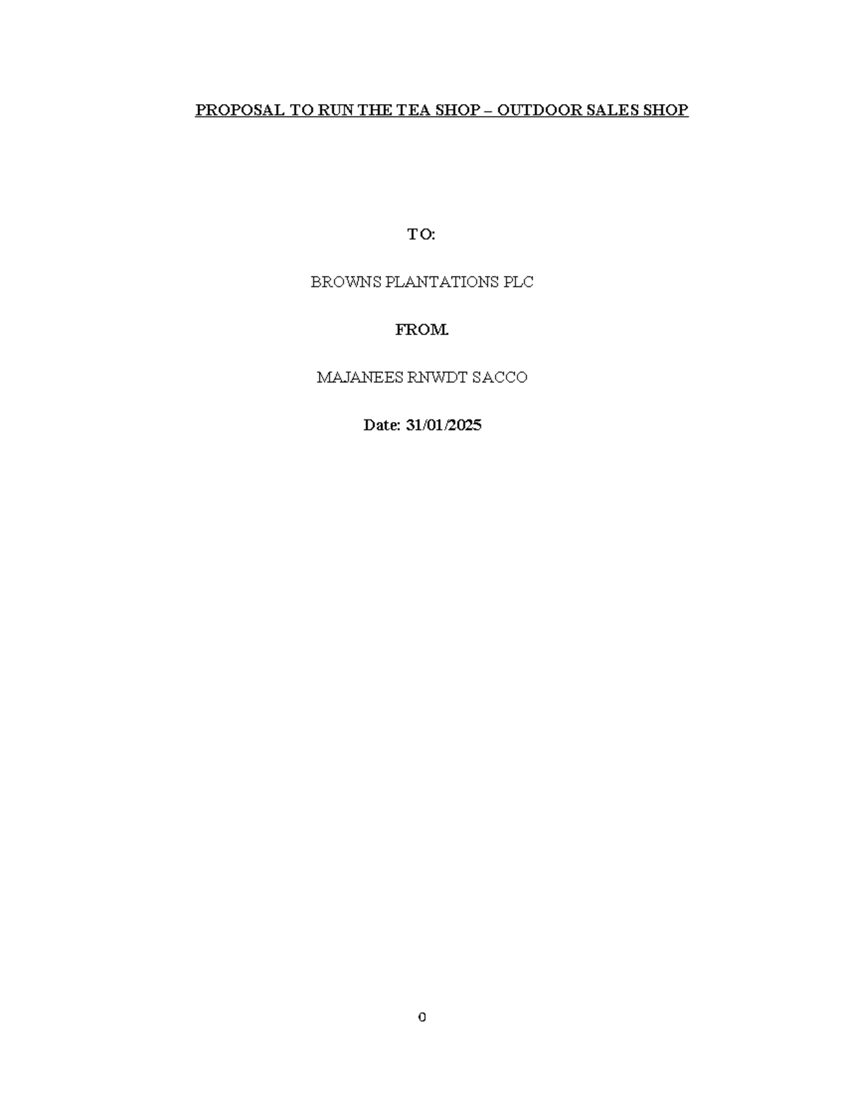 Proposal for Outdoor Tea Shop Sales - Majanees RNWDT SACCO - Studocu