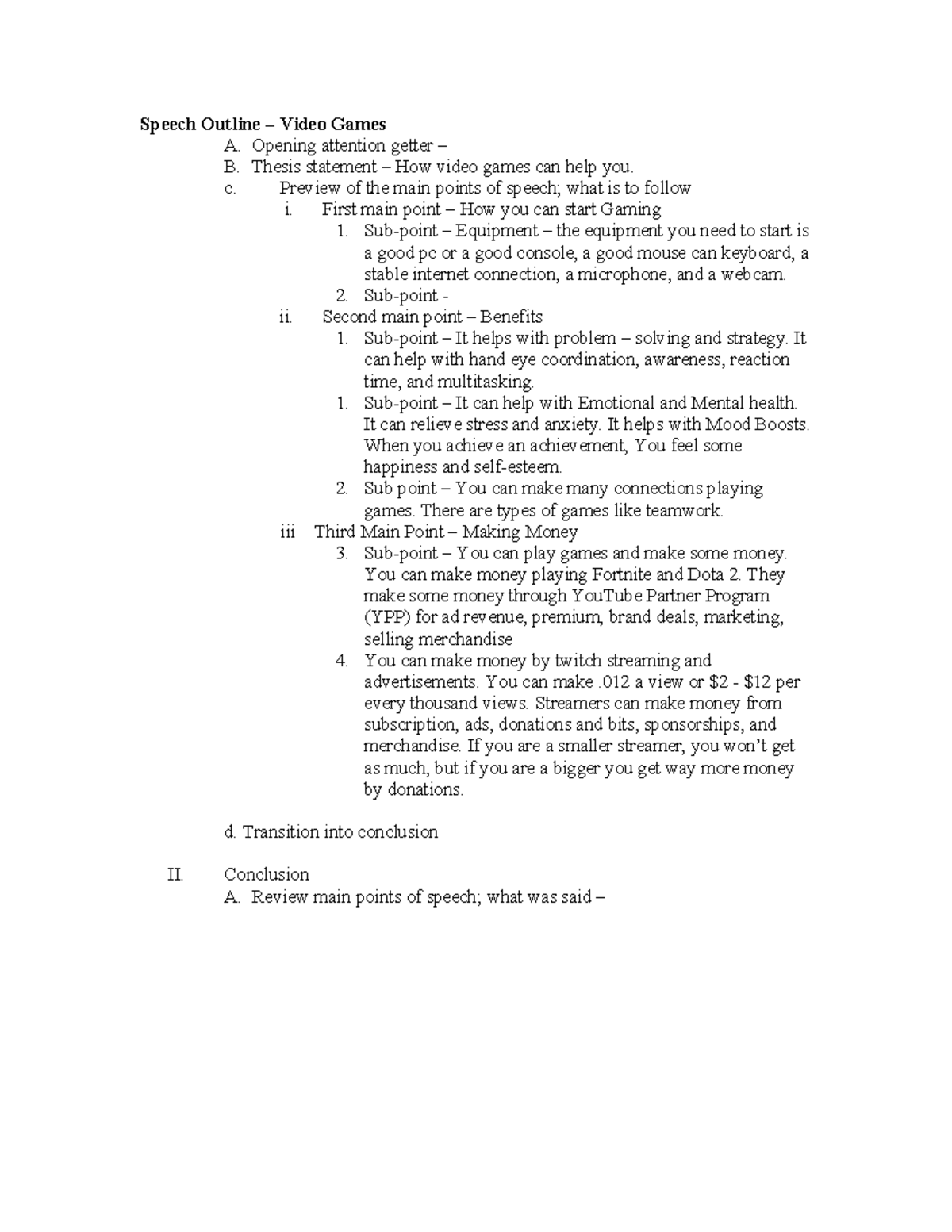 Speech Outline: Why Video Games Are Good for You - Studocu