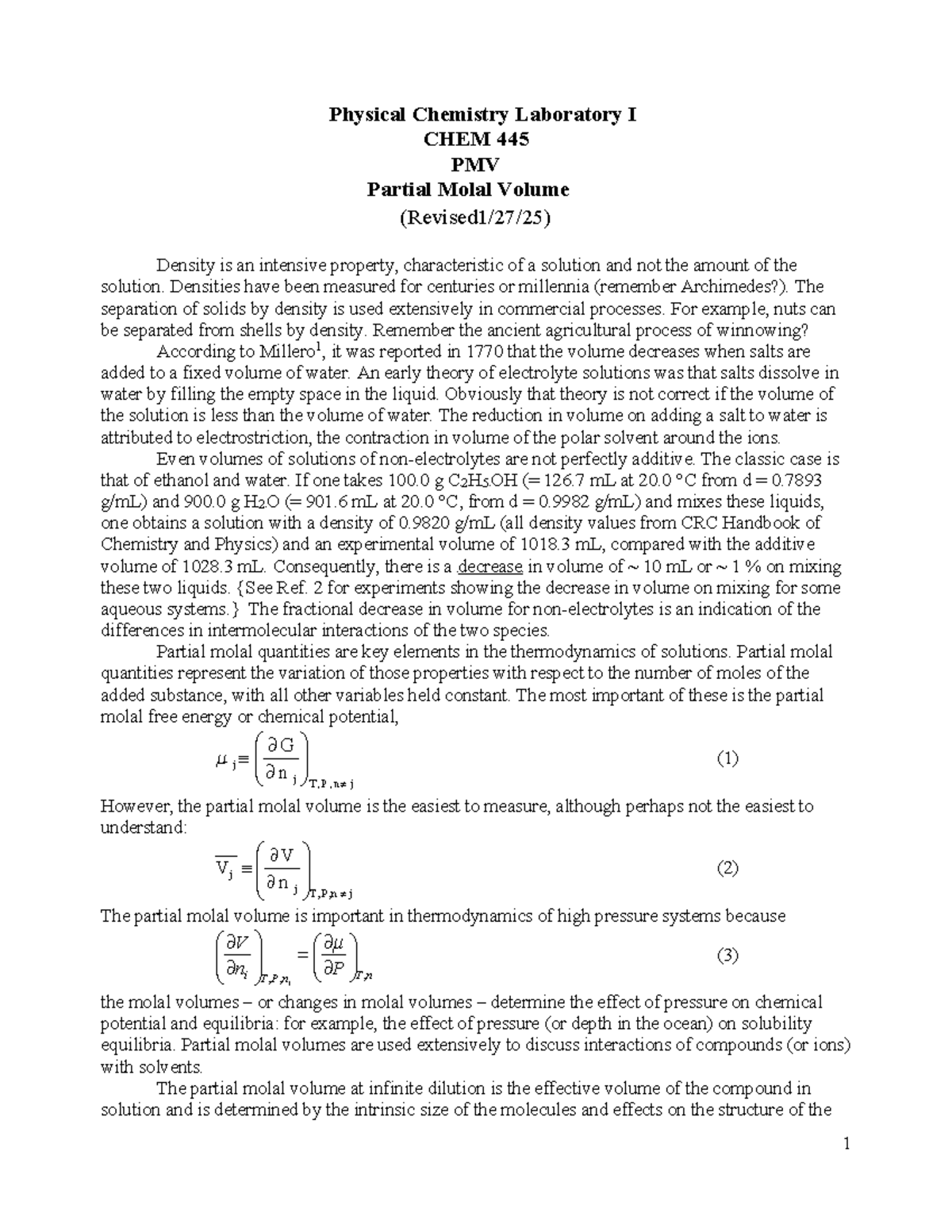 Physical Chemistry Lab I CHEM 445: PMV and Density Analysis - Studocu