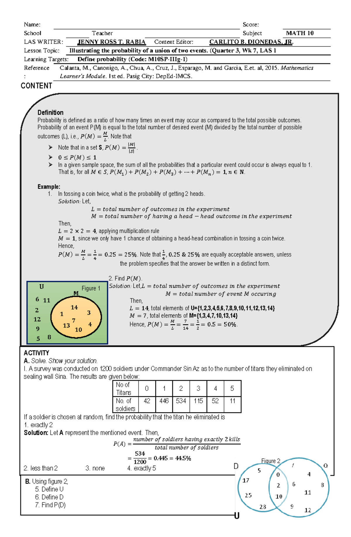 MATH 10 Q3 WK 7 LAS 1 - Probability of Union of Two Events - Studocu