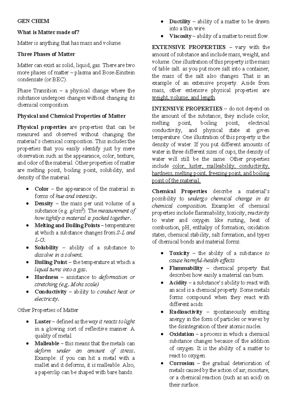 GEN-CHEM Q1 Lecture Notes: Understanding Matter and Its Properties ...