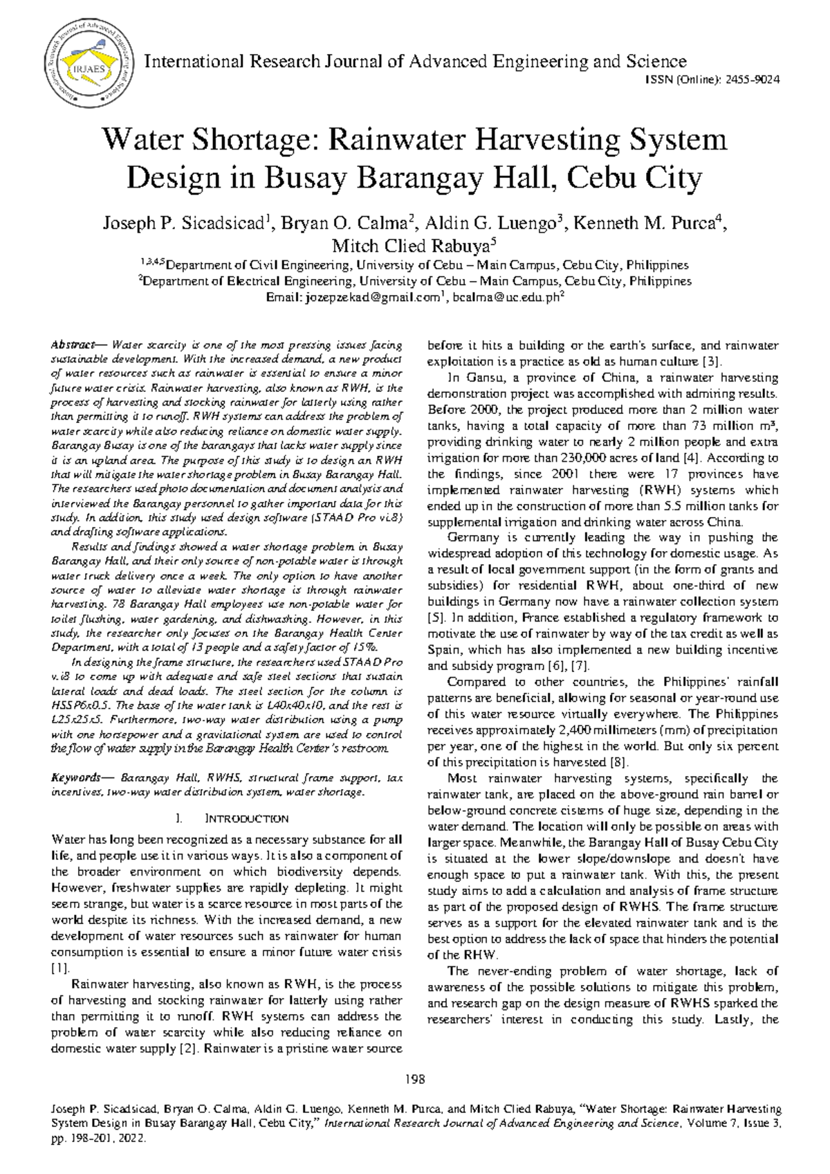 IRJAES V7N3: Rainwater Harvesting System Design for Busay Barangay Hall ...