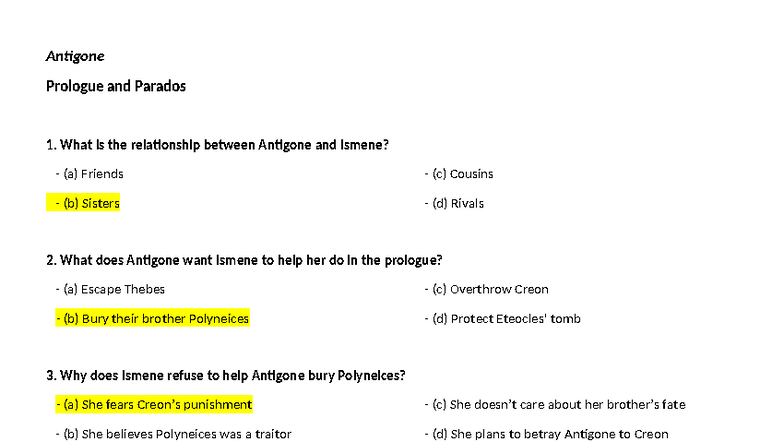 Antigone Prologue & Parados MC Questions - Study Guide - Studocu