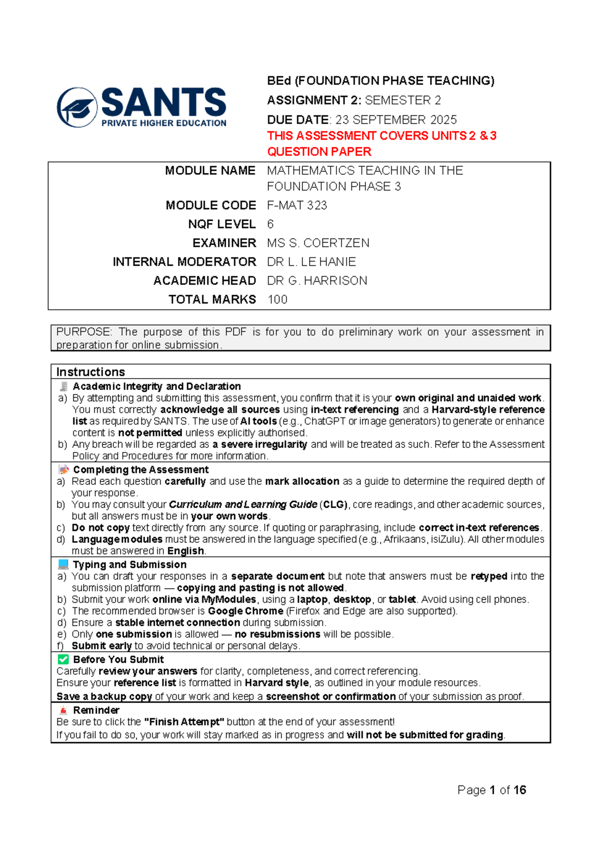 F-MAT 323 Foundation Phase Teaching Assignment 2: Q&A Guide - Studocu