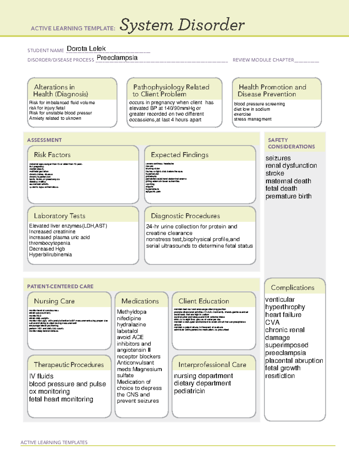 System Disorder Template: Preeclampsia Active Learning Guide - Studocu