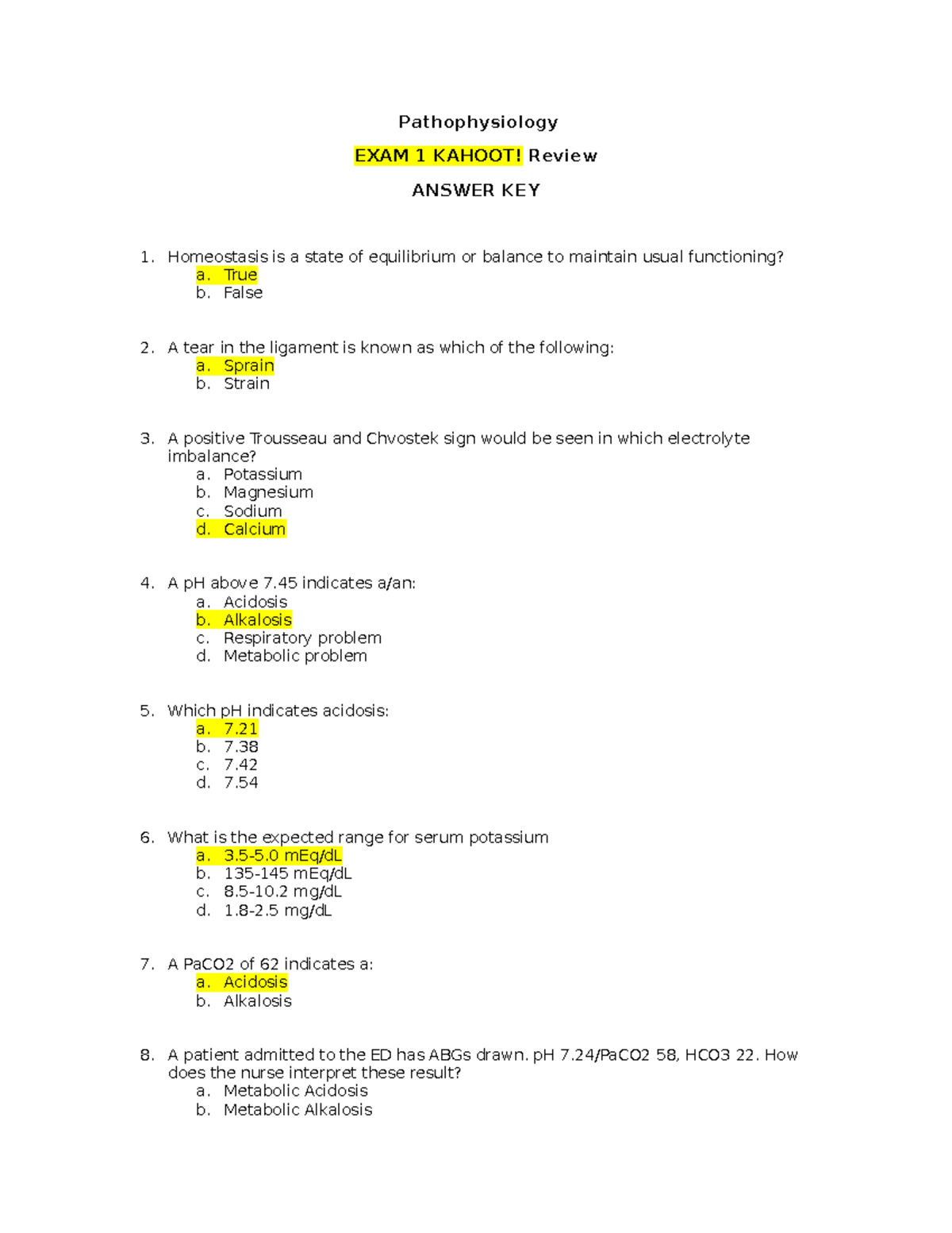 Pathophysiology EXAM 1 Kahoot Questions - Answer Key for Students - Studocu