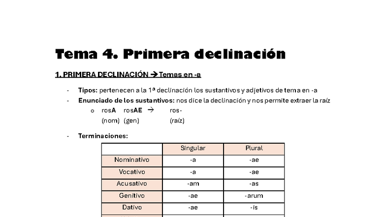 Tema 4.1: Primera Declinación en Latín - Análisis y Actividades - Studocu