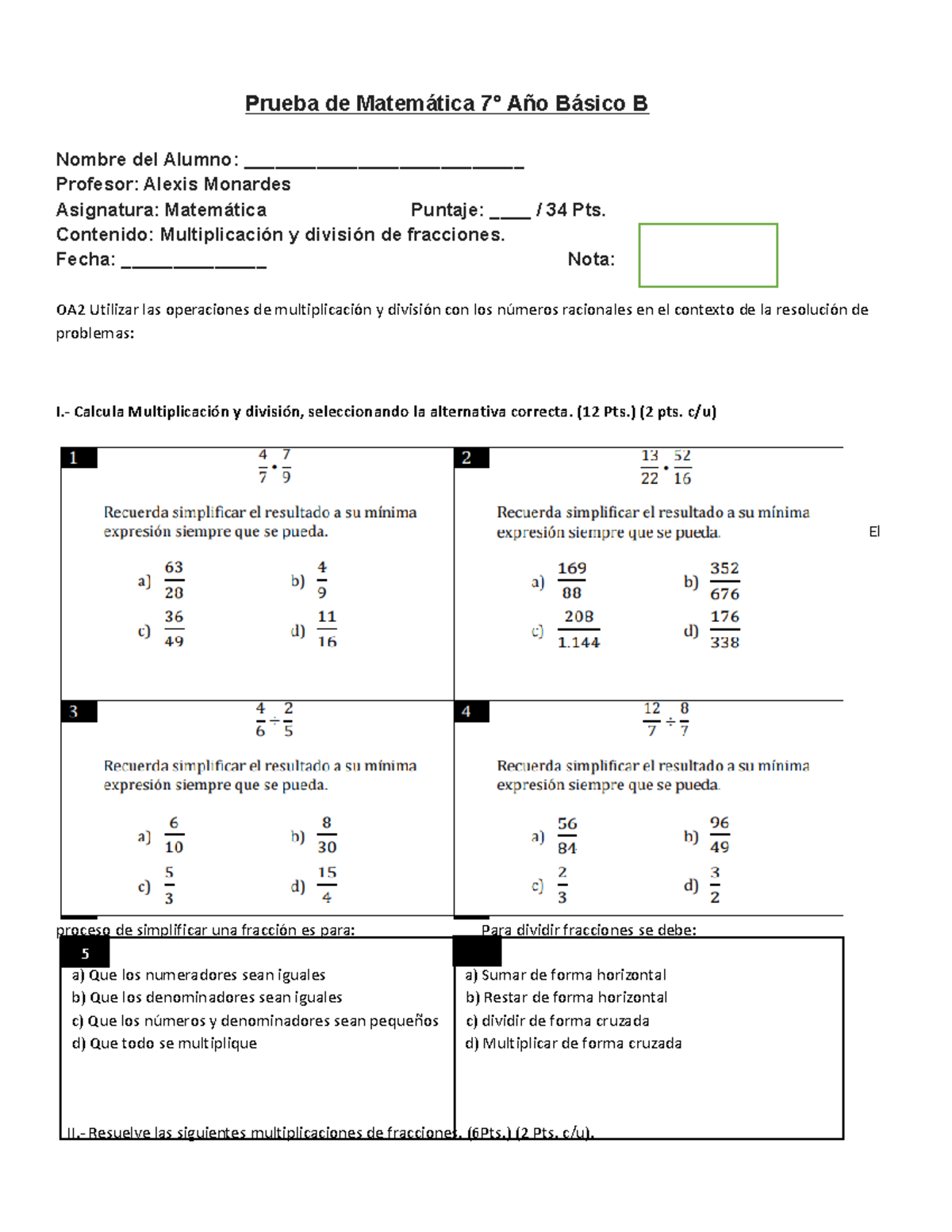 Prueba de Matemáticas 7°: Multiplicación y División de Fracciones - Studocu