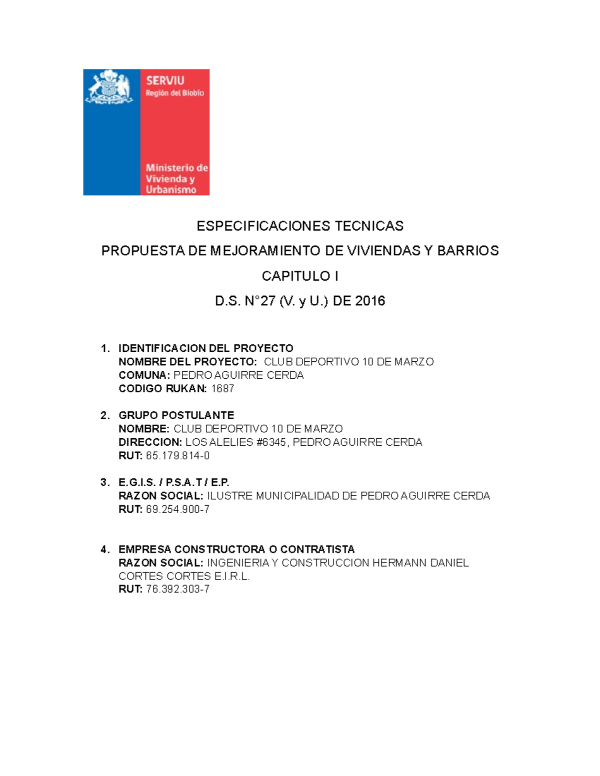 EETT Electricidad - Especificaciones Técnicas del Proyecto 10 de Marzo - Studocu