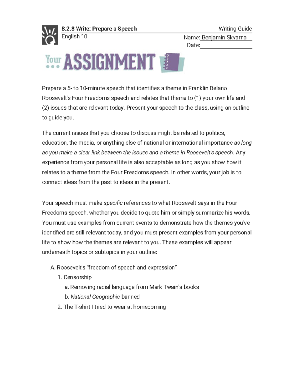 8.2.8 English 10 Speech Guide: Themes in FDR's Four Freedoms - Studocu