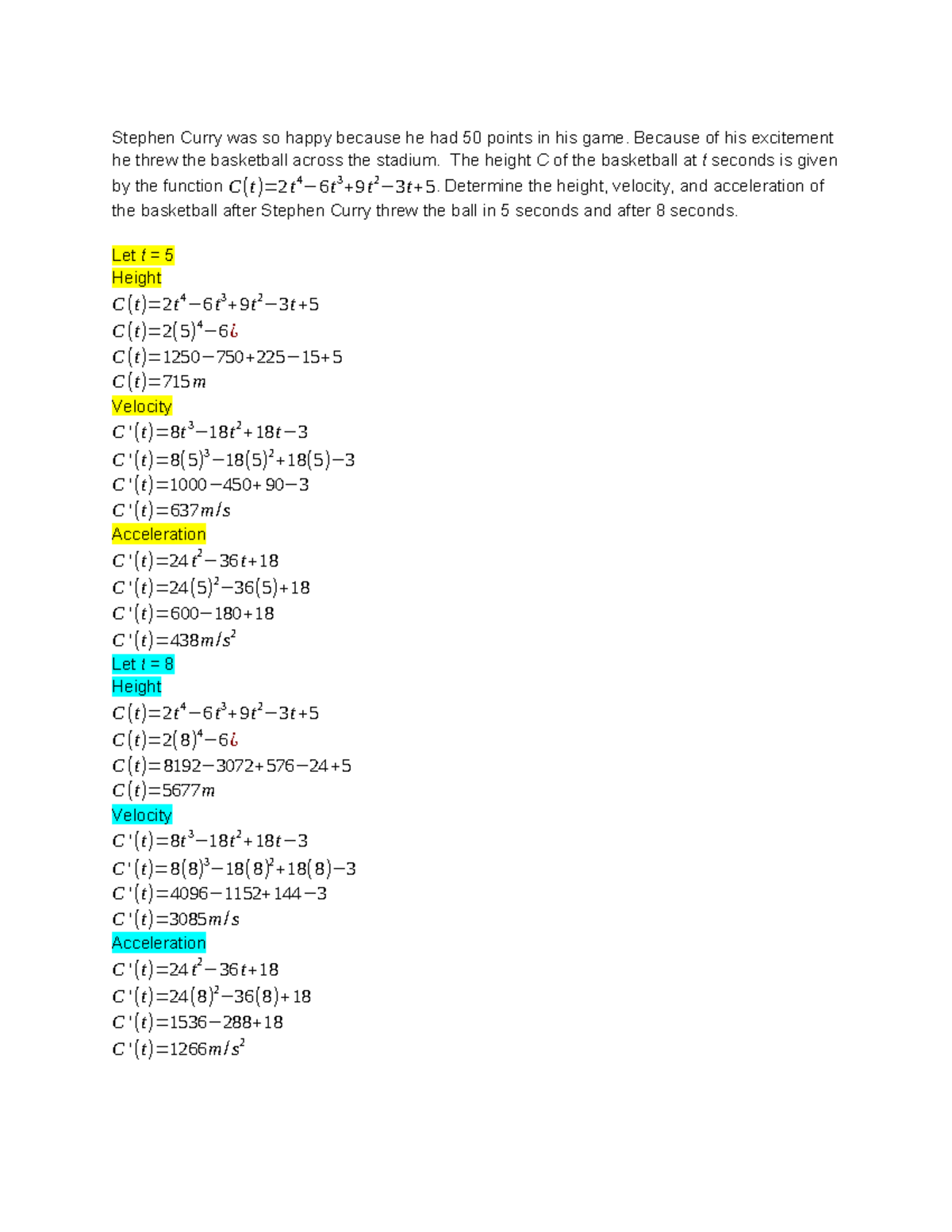 Calculus Problem Set: Height, Velocity & Acceleration Functions ...