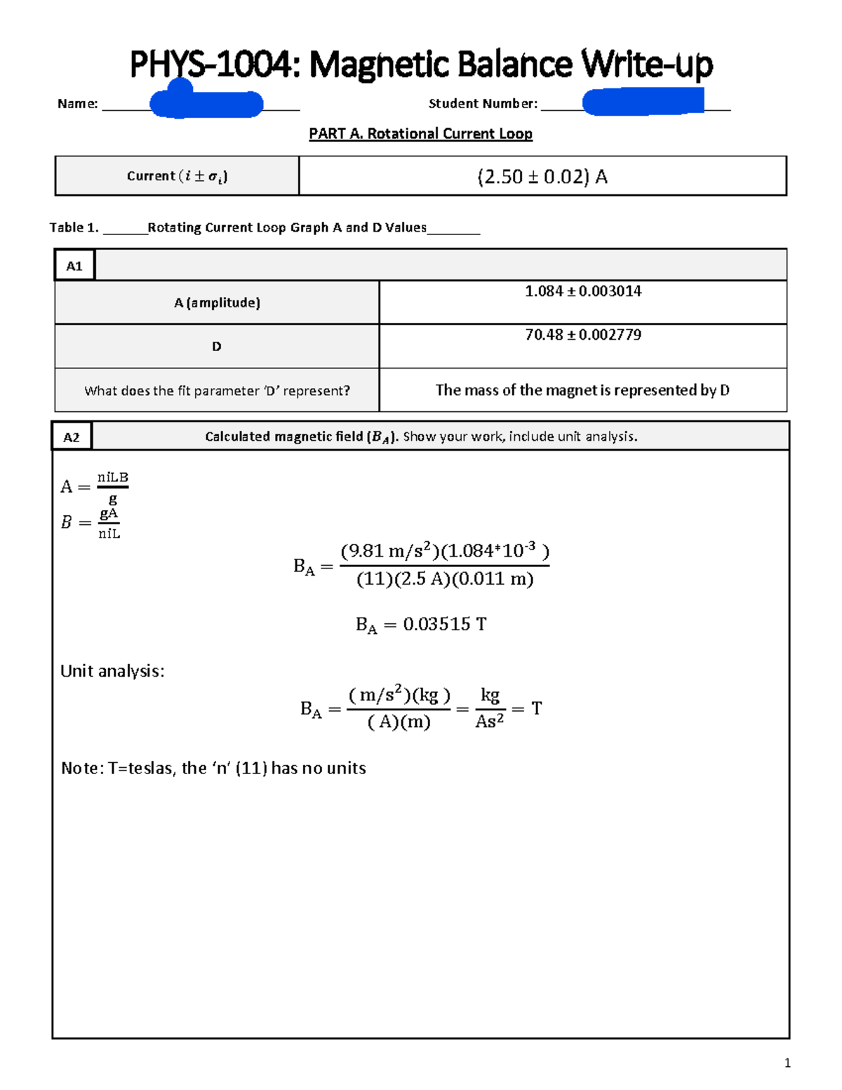 PHYS1004 Lab4 - class - PHYS- 1004 : Magnetic Balance Write-up Name ...