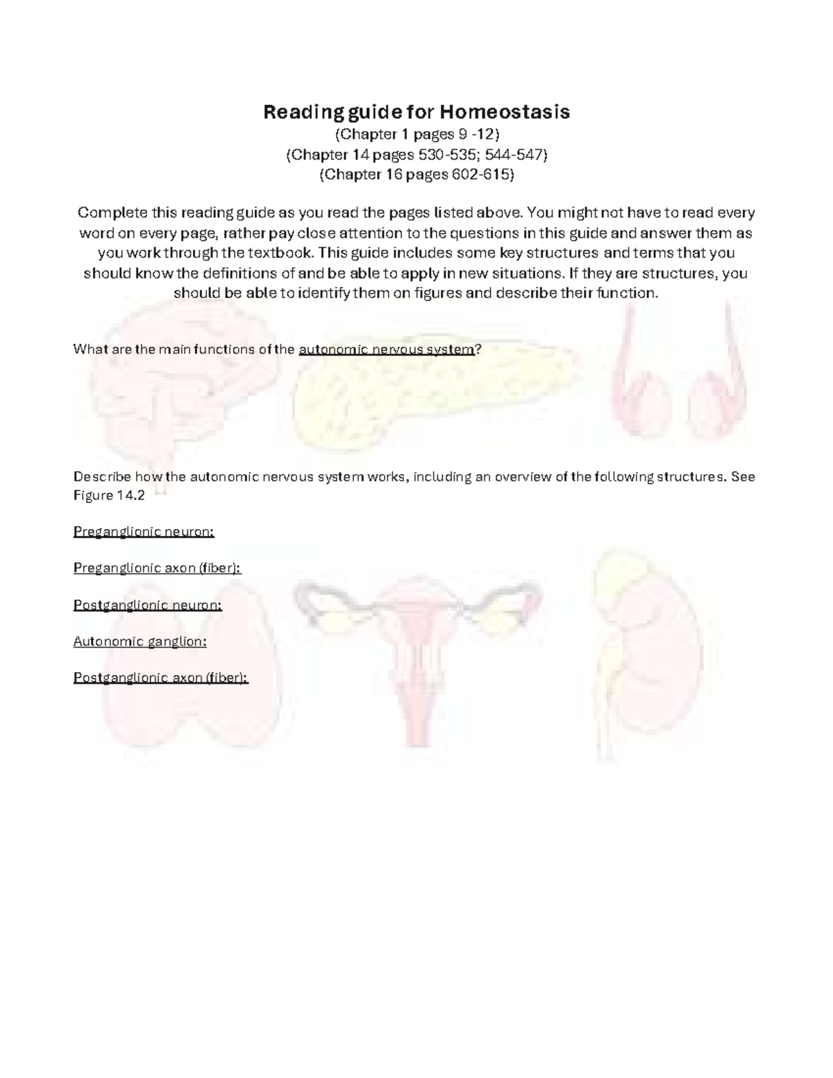 Homeostasis Reading Guide (Chapters 1, 14, 16) - Studocu