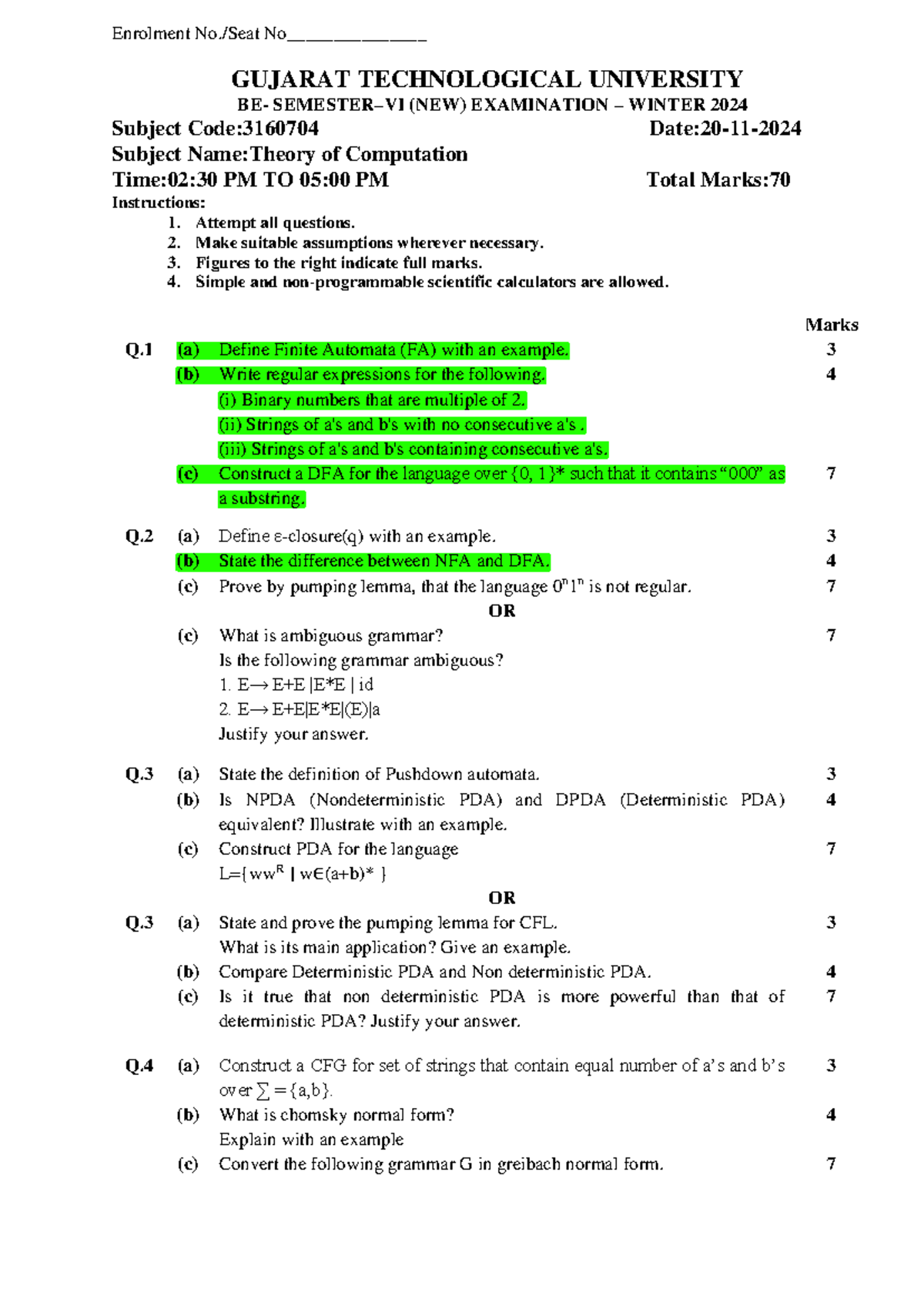 Theory of Computation Exam Paper - GTU 3160704 Winter 2024 - Studocu