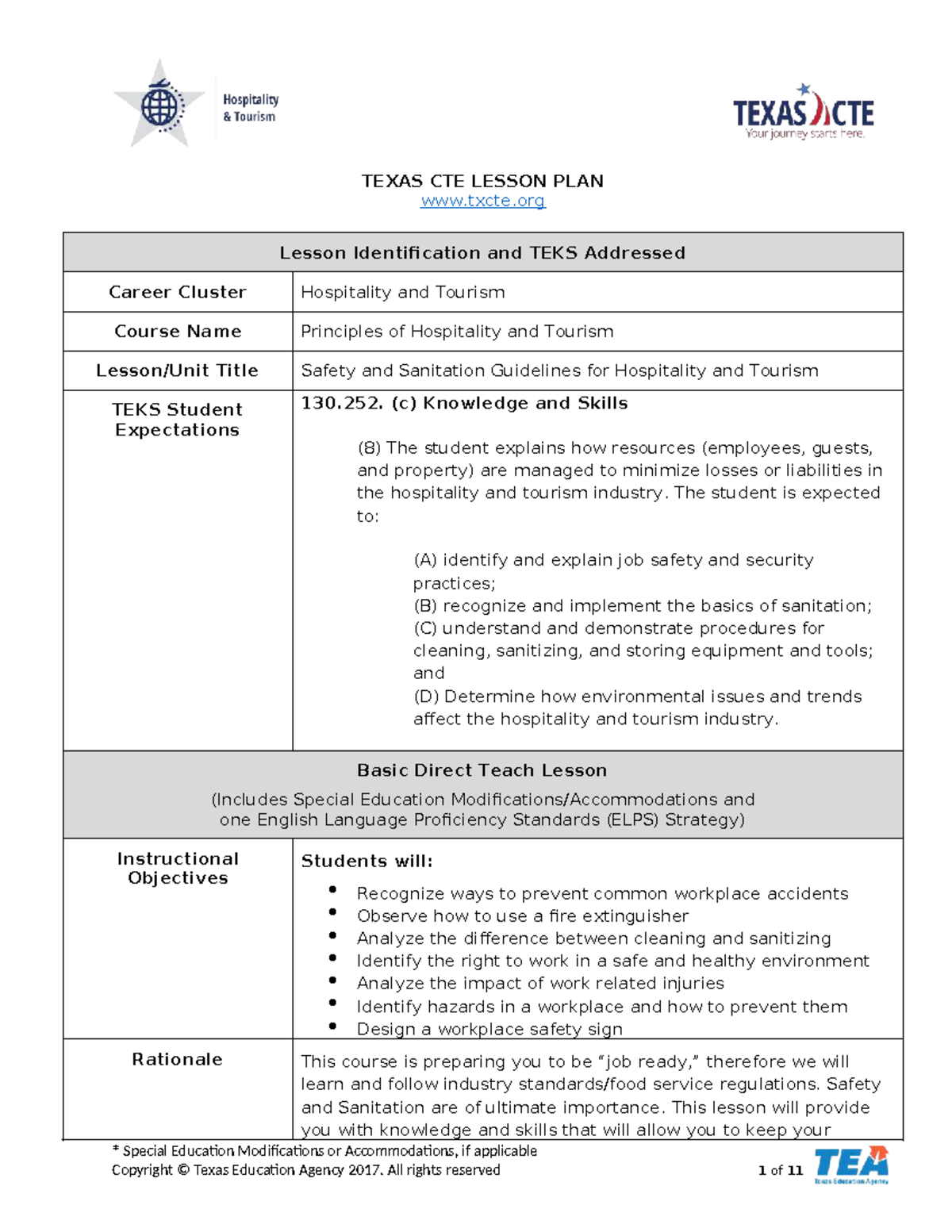 TEXAS CTE LESSON PLAN: Safety & Sanitation in Hospitality (130.252 ...