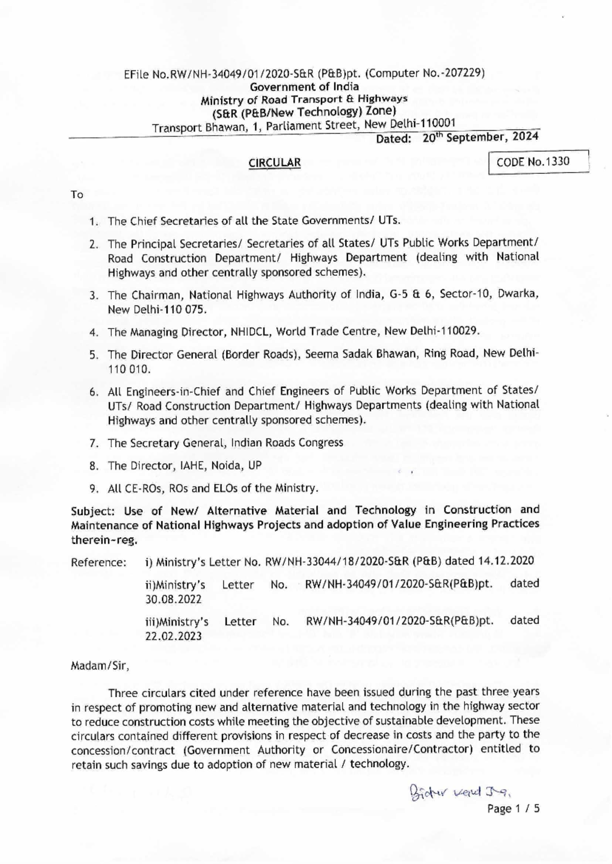 Circular No. 1330: New Materials & Value Engineering for NH Projects ...
