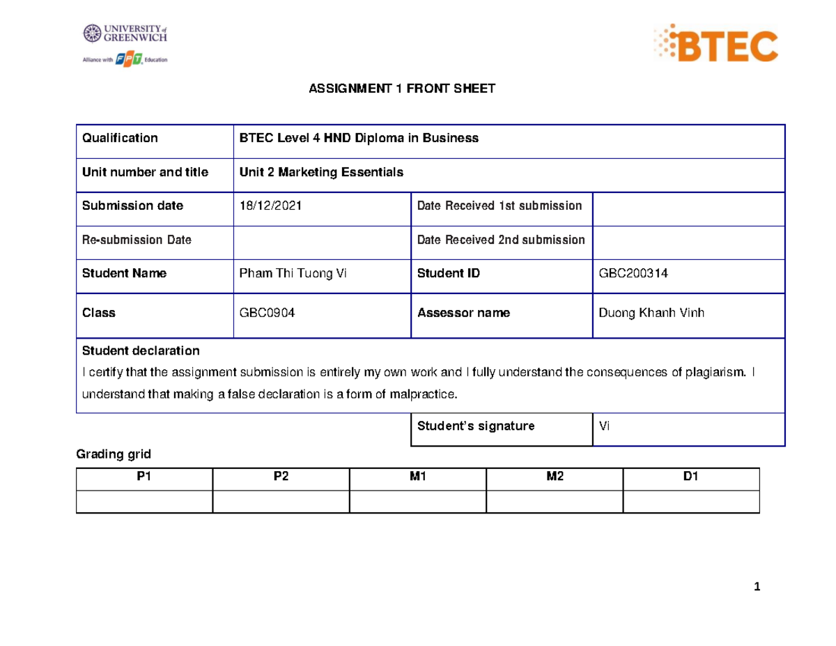 486 - Assignment 1 - Phạm Thị Tường Vi - ASSIGNMENT 1 FRONT SHEET Qualification BTEC Level 4 HND ...