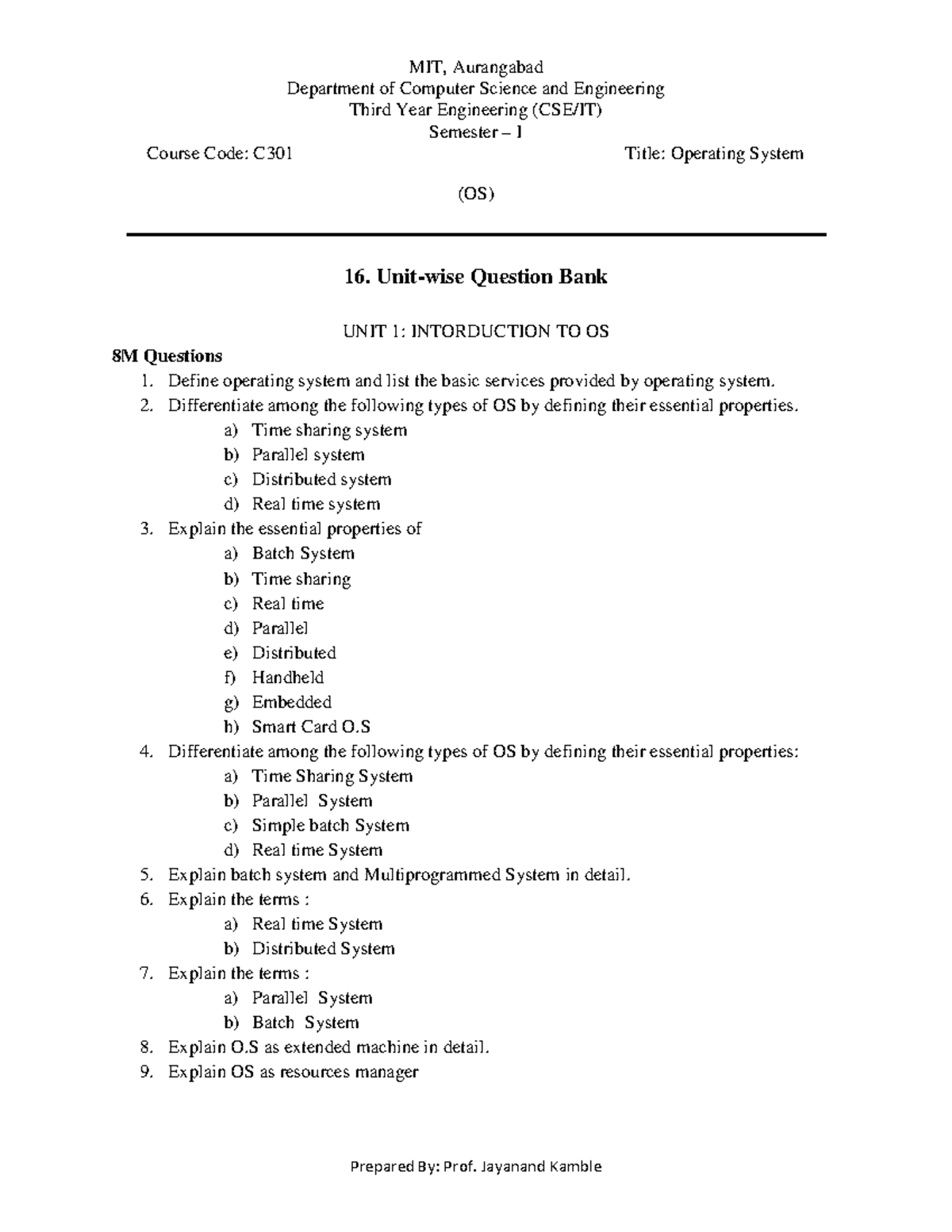 C301 Operating System: Comprehensive Unit-wise Question Bank - Studocu