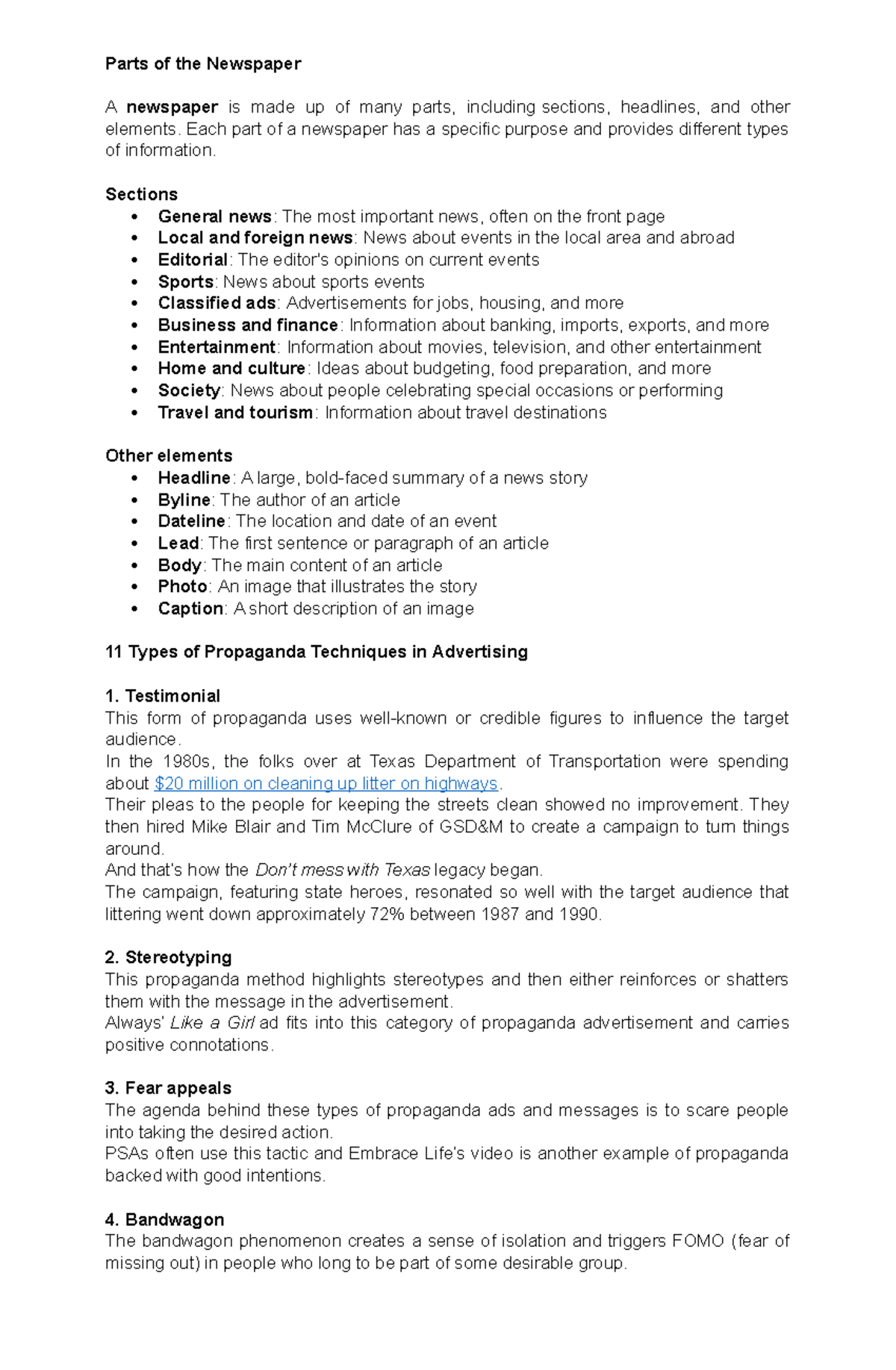 Parts of the Newspaper - Lecture Notes on Structure & Elements - Studocu