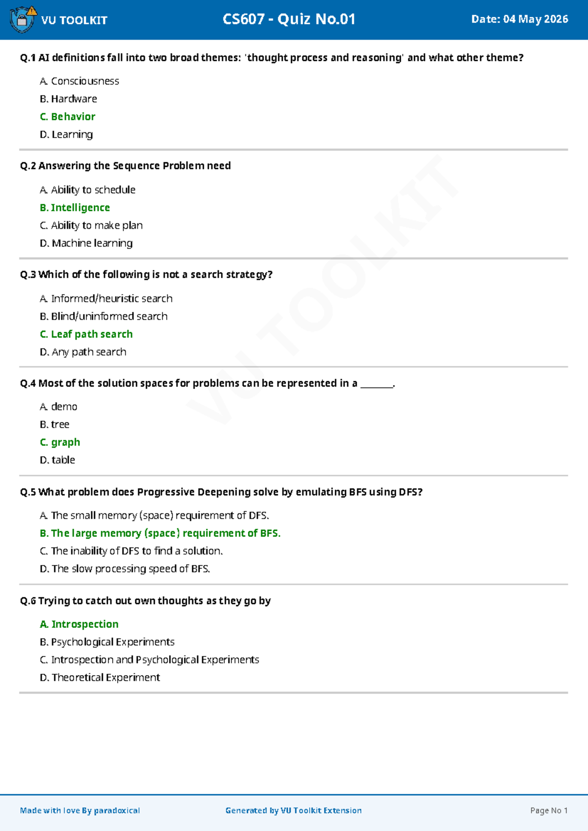 CS607 Quiz No.01 - MCQs on AI Concepts and Strategies - Studocu