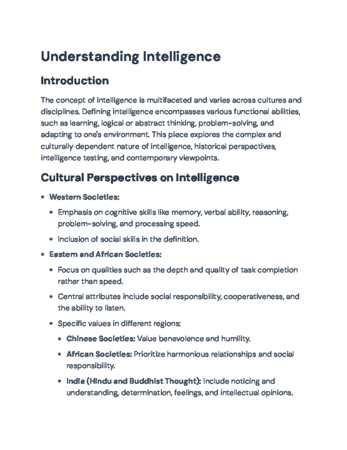 Understanding Intelligence: Cultural Perspectives and Historical ...