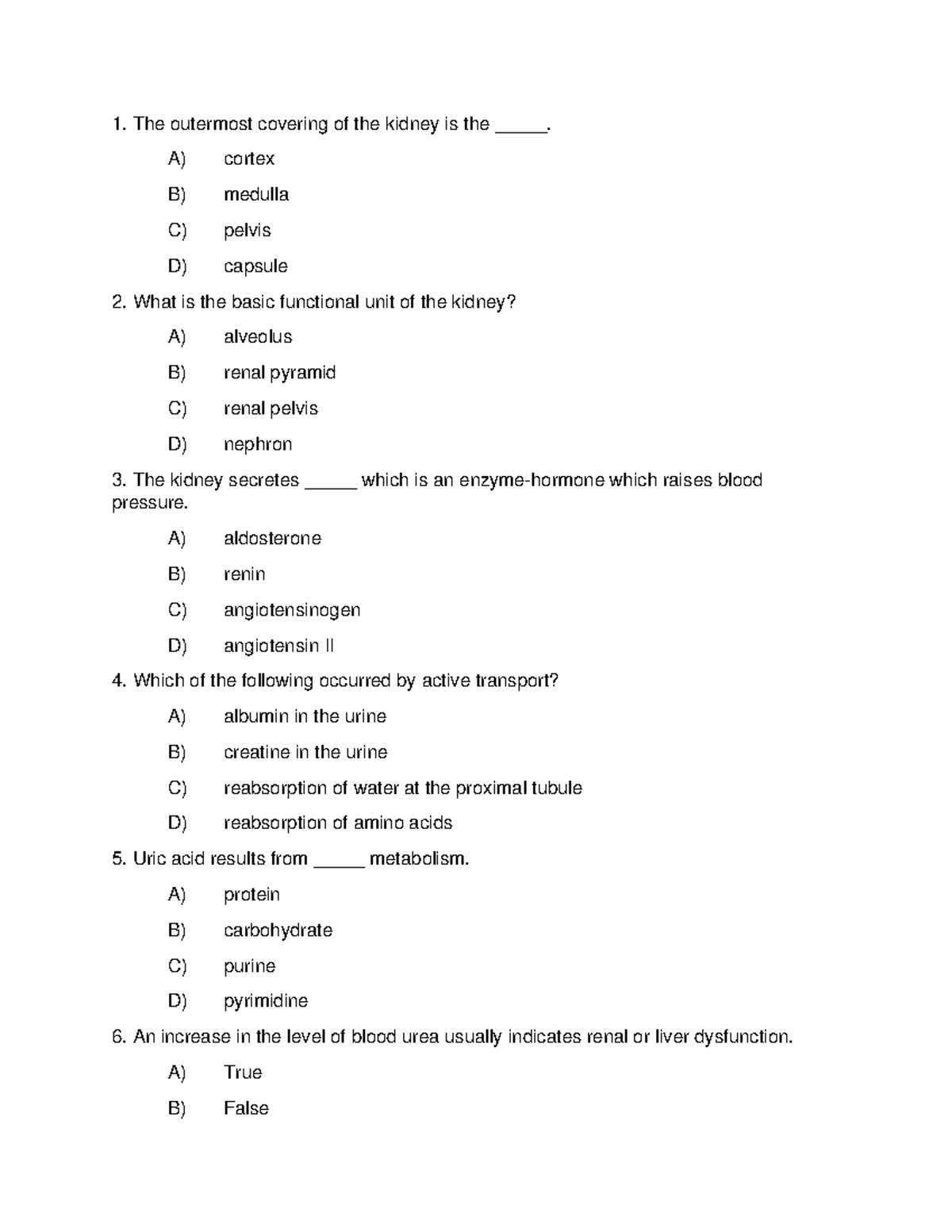 Urinary system exercises for biology 101: quiz and review notes - Studocu