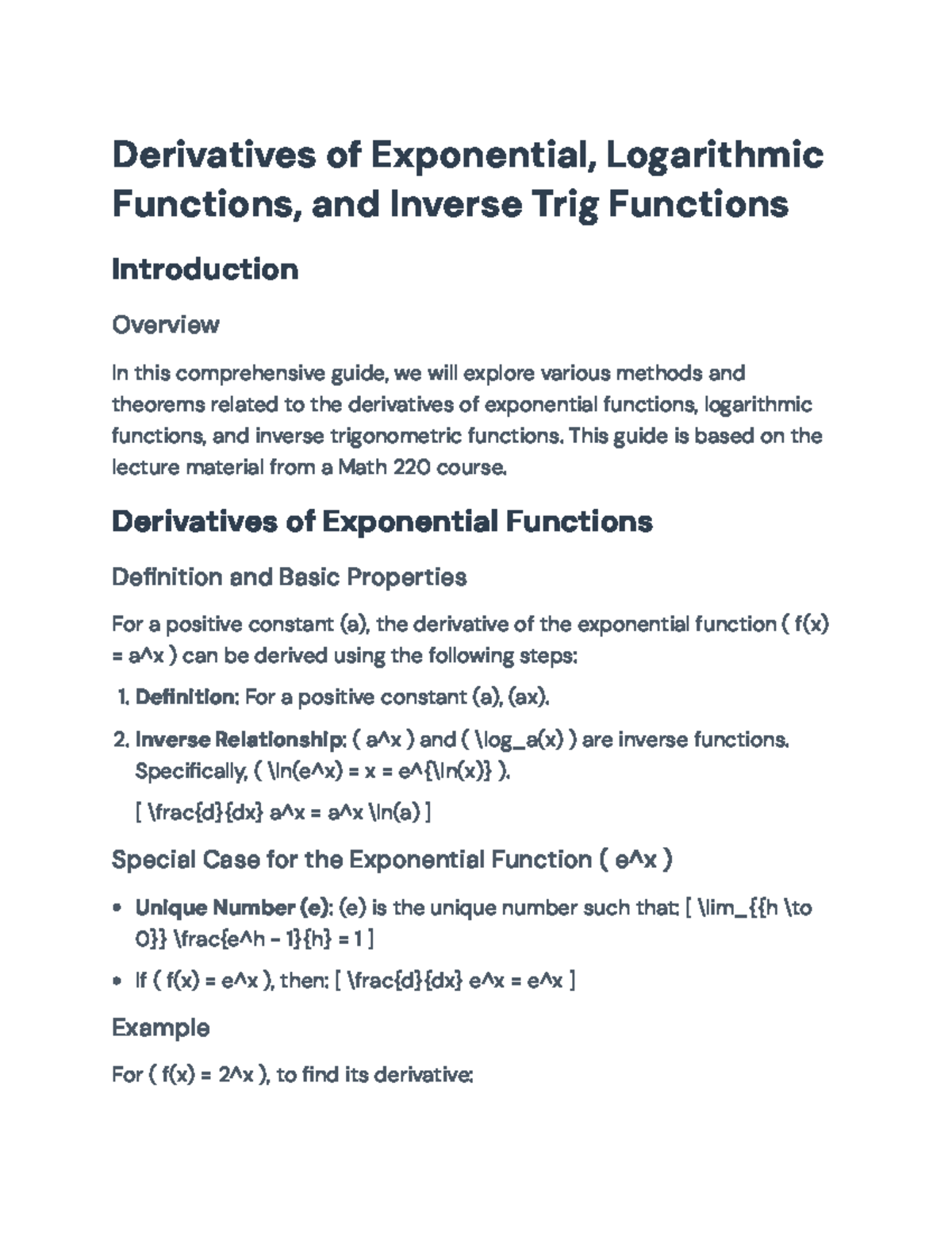 Derivatives of Exponential, Logarithmic & Inverse Trig Functions (Math ...