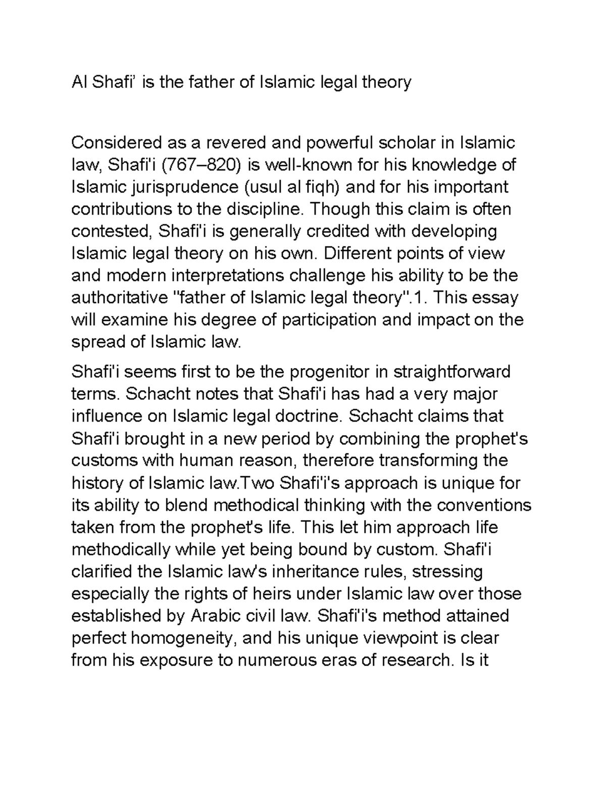 Al Shafi: The Father of Islamic Legal Theory and Usul al Fiqh - Studocu