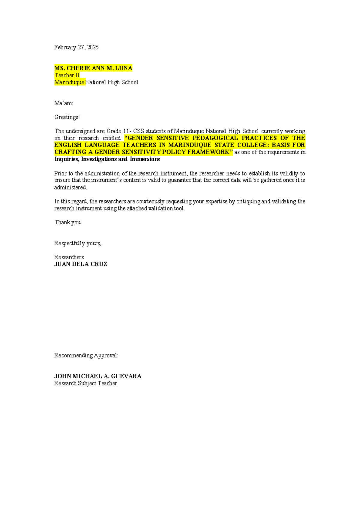 Letter Request for Validation of Research Instrument - CSS 2025 - Studocu