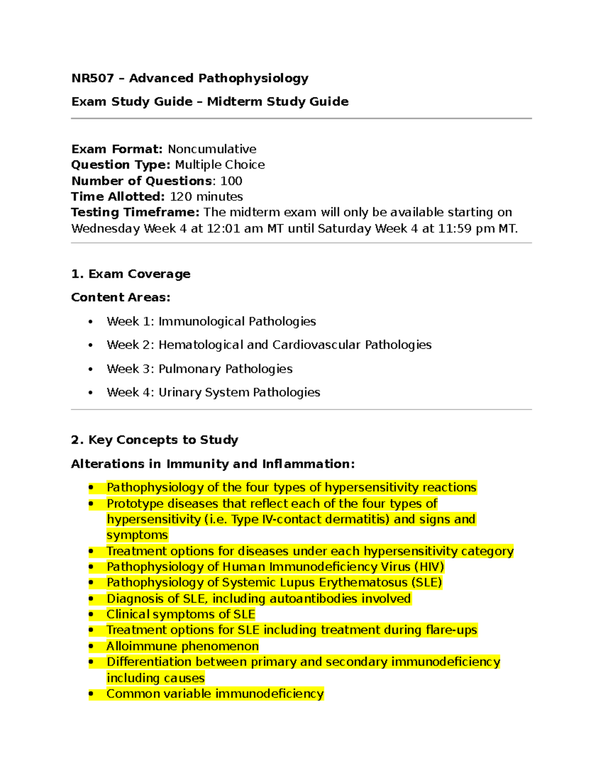 NR507 Advanced Pathophysiology Midterm Exam Study Guide - Studocu