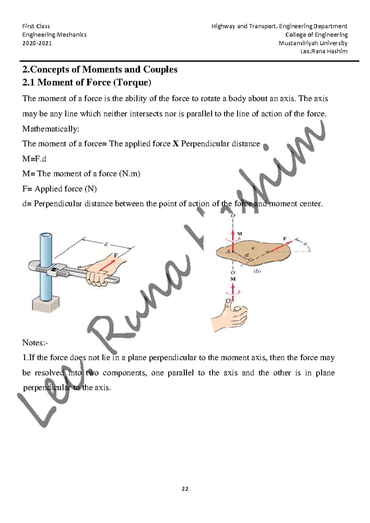 First Class Engineering Mechanics: Moments and Couples Concepts - Studocu
