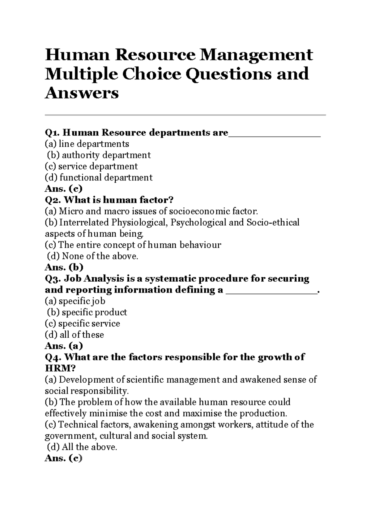 HRM 101 - MCQs for Human Resource Management Test Prep - Studocu