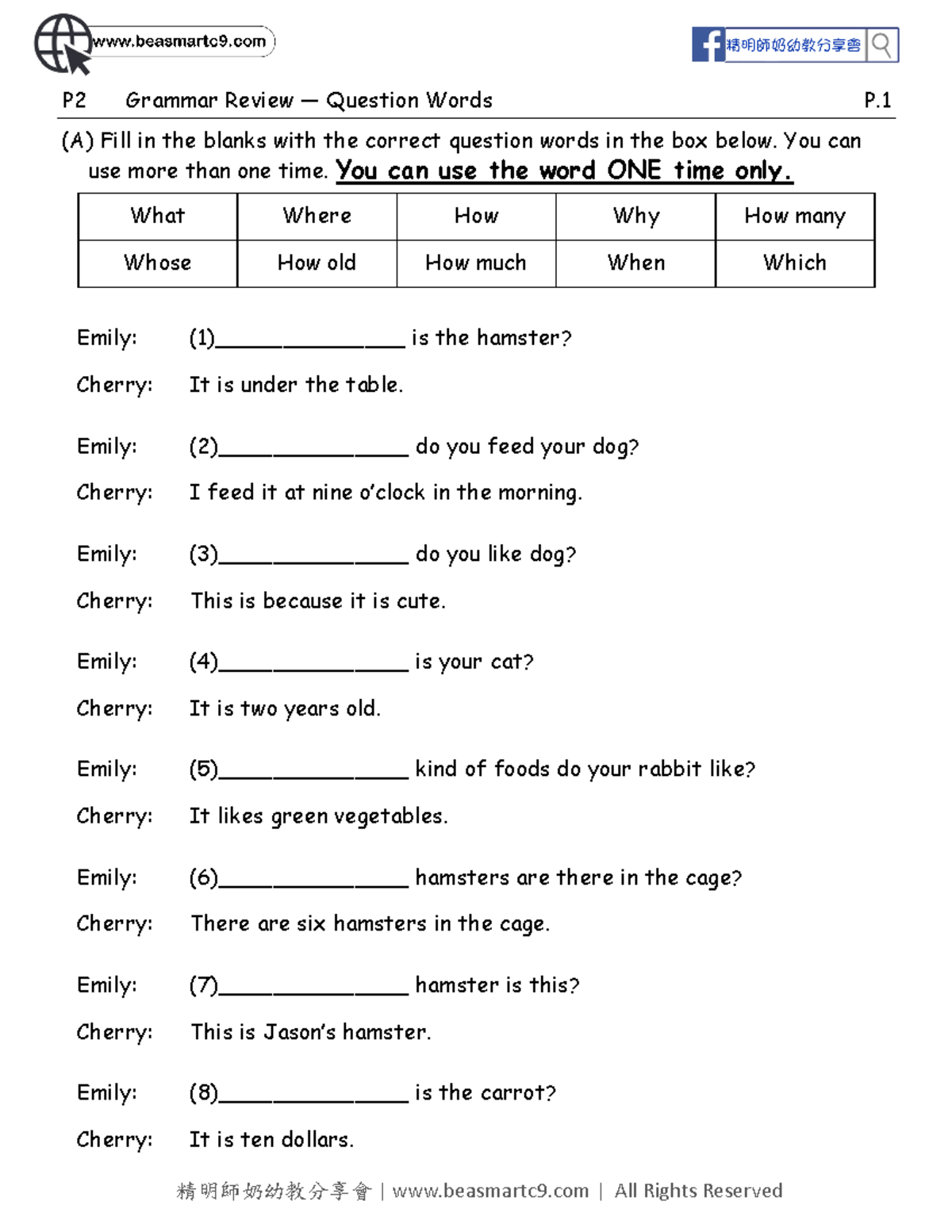 P2 - Grammar Review Exercise on Question Words and Answers - Studocu