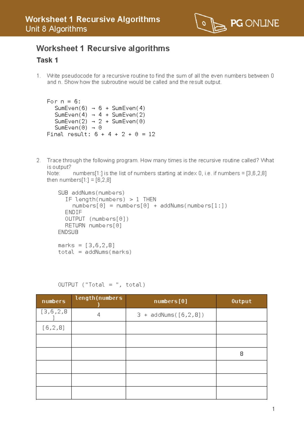 T1 Worksheet 1: Recursive Algorithms & Pseudocode Tasks - Studocu