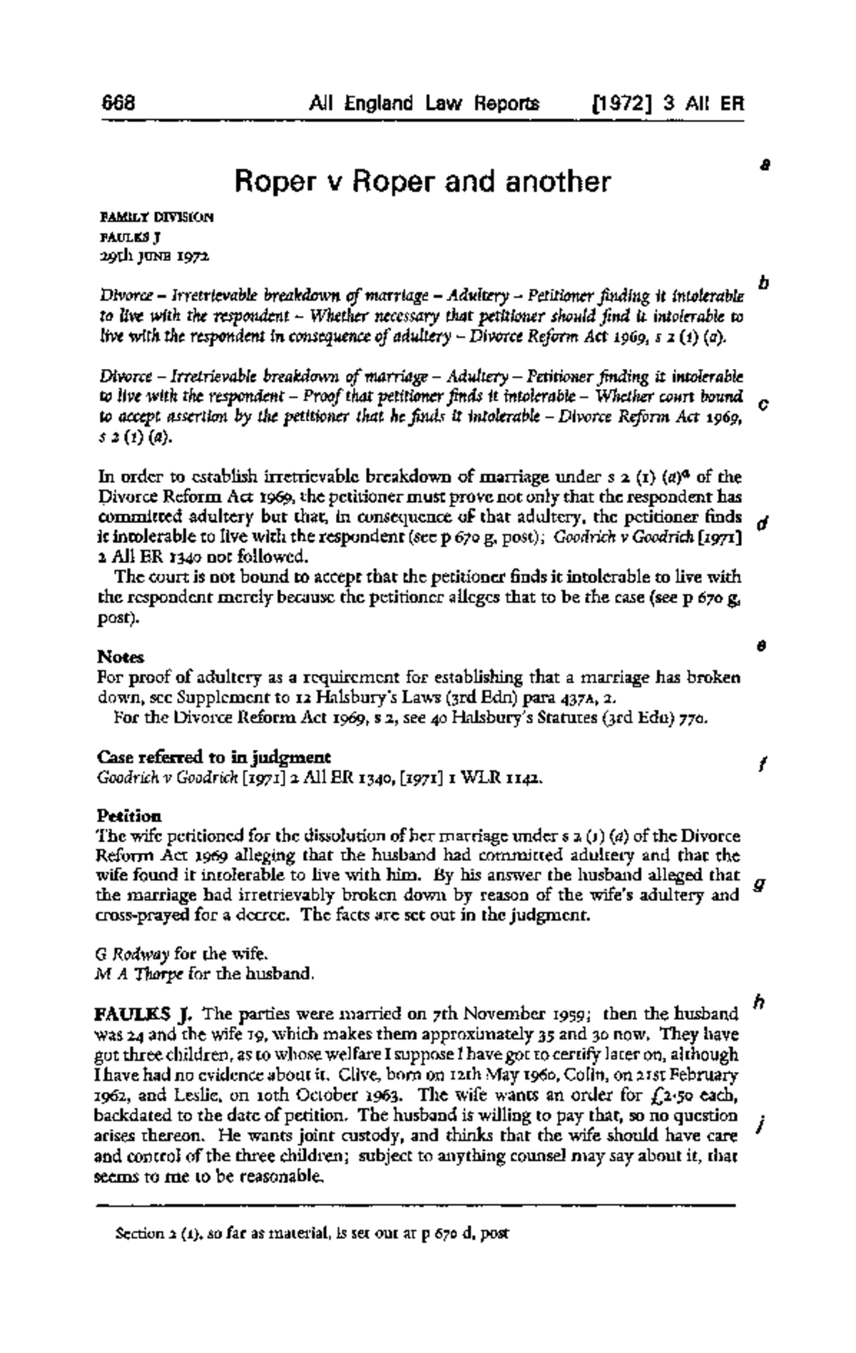 Roper v Roper [1972] Case Summary and Analysis - Studocu